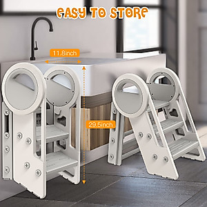 Glamore Toddler Step Stool for Bathroom Sink, Kitchen Counter Helper, Adjustable 3 Step Stool for Kids with Safety Handles and Non-Slip Foot Pads (Grey-White)