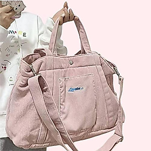 Pink Corduroy Tote Bag for Women Cute Large Capacity Shopping Handbag Aesthetic Adjustable Shoulder Strap Crossbody Bag (Pink)