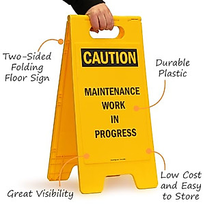 SmartSign 25 x 12 inch “Caution - Maintenance Work In Progress” Two-Sided Folding Floor Sign, Digitally Printed Polypropylene Plastic, Black and Yellow
