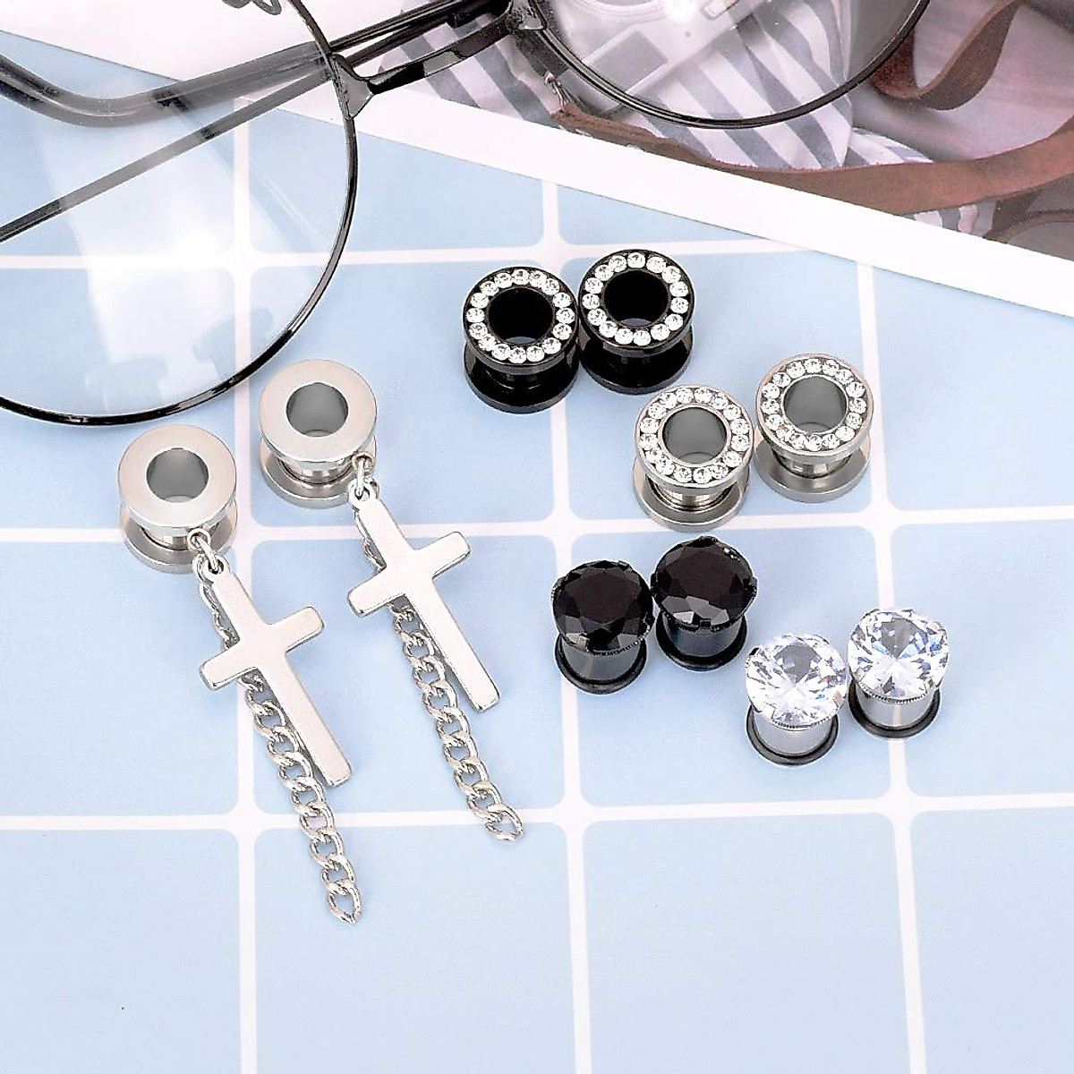 5 Pairs Ear Gauges CZ Diamond Plugs Tunnels Stainless Steel Dangle Cross Earring Expander Stretcher Piercing 0g