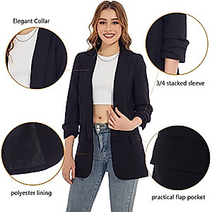 Black Blazers for Women Business Casual Lined Summer Blazer for Women Lightweight Ruched 3/4 Sleeve Open Front Work Office Light Fitted Suit Blazer(L)