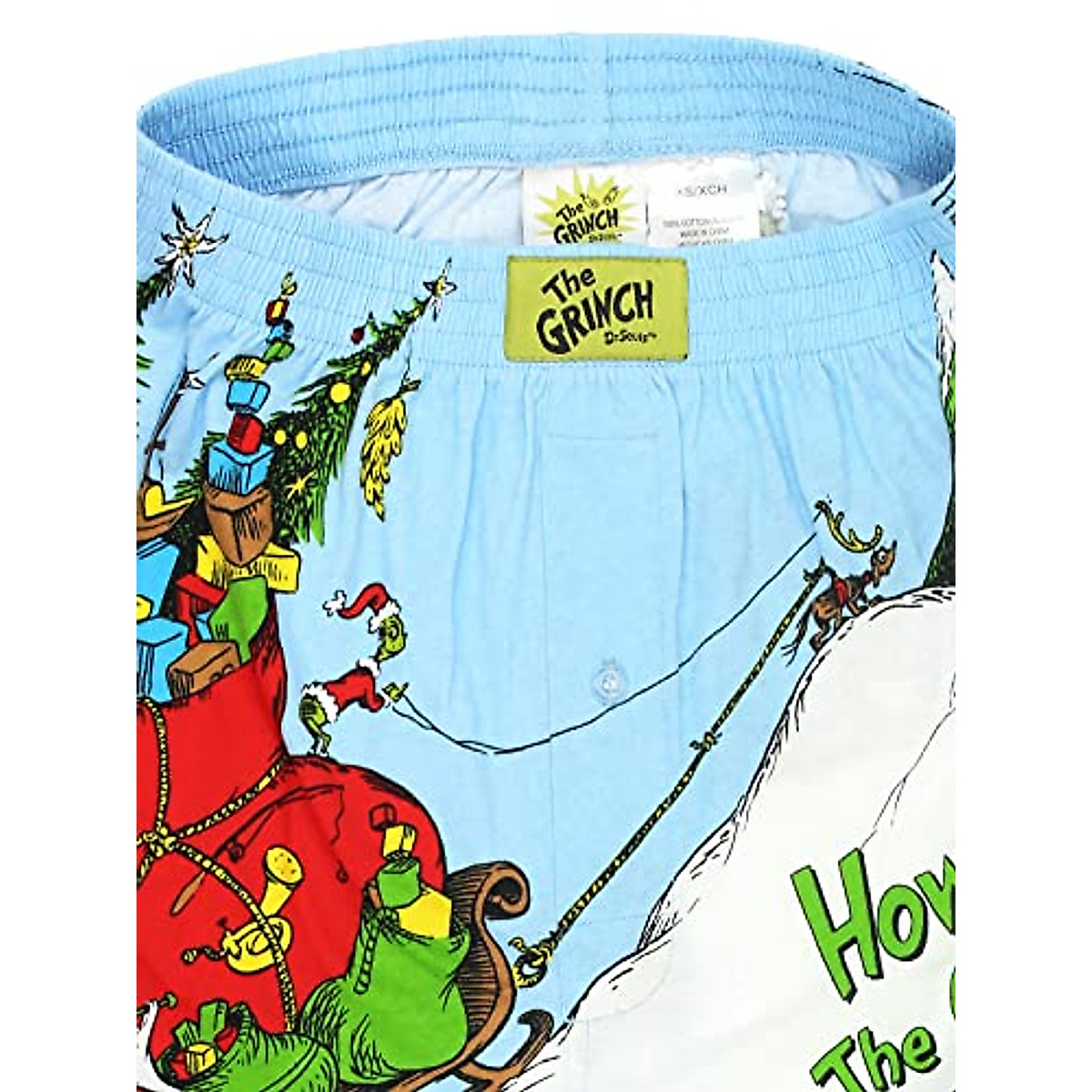 Dr. Seuss How The Grinch Stole Christmas Men's Button Fly Boxer Shorts (Small, Blue)