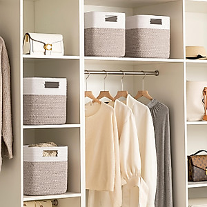 Dreamcountry 13x13 Cube Storage Bins, Storage Cubes with Handles, 4 Pack Cotton Rope Basket for Shelves, Cube Storage Organizer forToys, Book, Clothes, Home, Office, Nursery, White/Brown