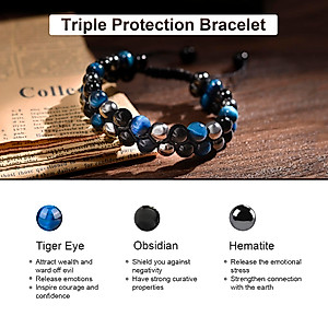 Clheatky Triple Protection Bracelet Hematite Tigers Eye Black Obsidian Bead Bracelets for Men Women 8MM Natural Stone Crystal Bracelets for Healing Protection Balance