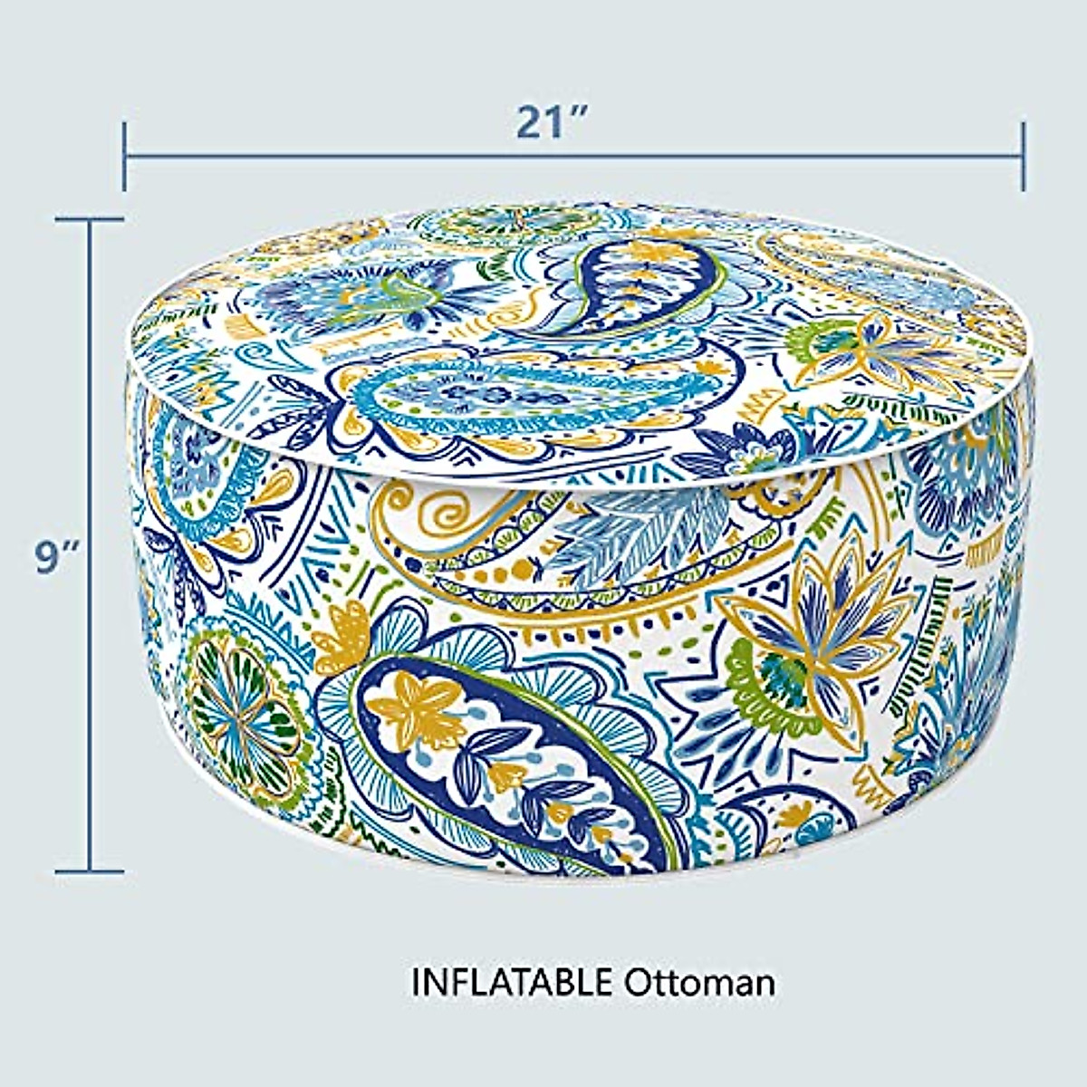 LVTXIII Indoor/Outdoor Inflatable Ottoman, All Weather Round Footrest Stool D21”x H9”, Portable for Patio Garden Camping or Home-Paisley Blue