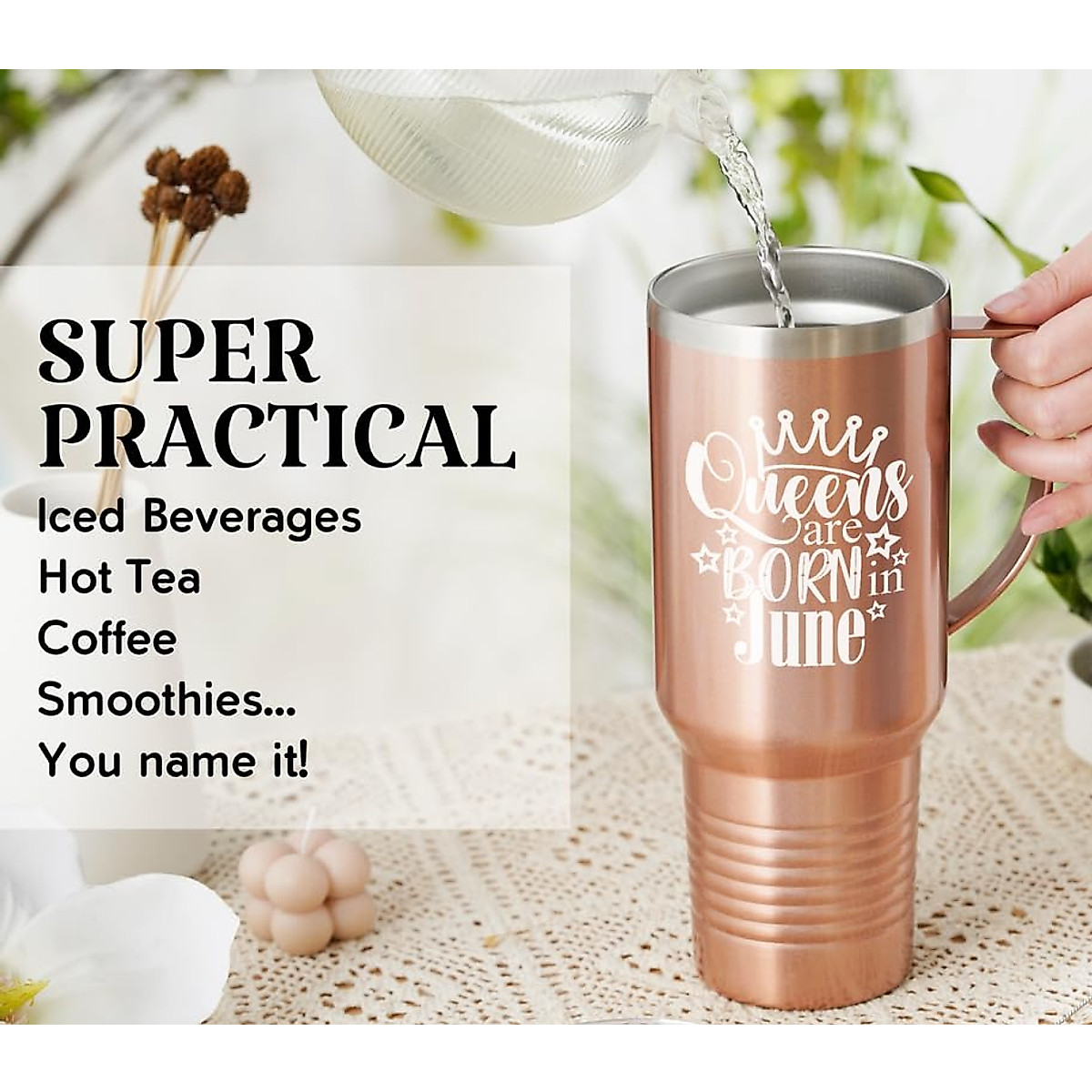 Onebttl Funny Birthday Gifts for Women, Her, Birthday Queen, 40 oz Tumbler with Handle, Rose Gold, Queens are Born in July