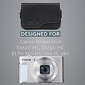 MegaGear Canon PowerShot SX620 HS, ELPH 180, ELPH 360 HS, ELPH 190 is, ELPH 170 is, SX610 HS Leather Camera Case with Strap - Black - MG1089