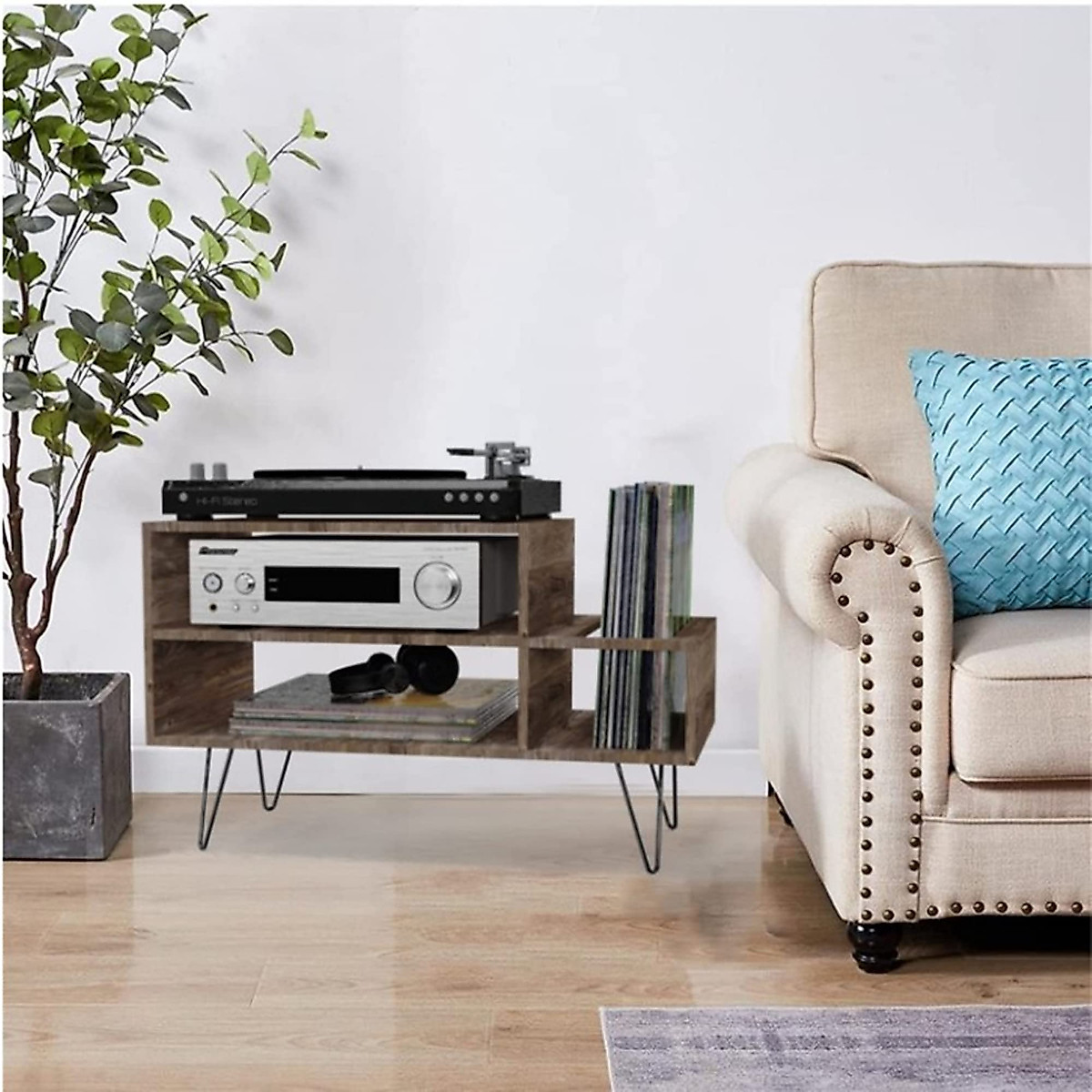 Gtouse Large Record Player Stand with 3 Cabinet, Mid-Century 3 Tier Display Stand Record Storage Turntable Stand Table with Metal Hairpin Legs for Living Room Bedroom Office, 34 x 18 x 21inches