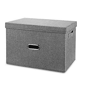 Valease Linen Fabric Collapsible Storage Bins with Removable Lids and Handles, Washable Storage Box Containers Baskets Cube with Cover for Bedroom,Closet,Office,Living Room,Nursery (Grey, Small)