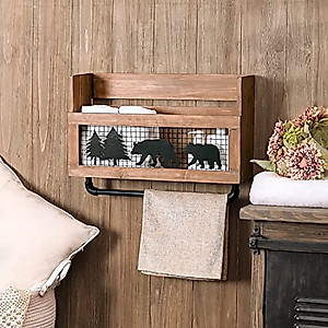Synovana Cabin Style Hanging Towel Rack with Bar Farmhouse Wooden Floating Shelf Bear Wall Decor Rustic Wall Mounted Storage Towel Rack for Bathroom Kitchen Living Room Home Decor