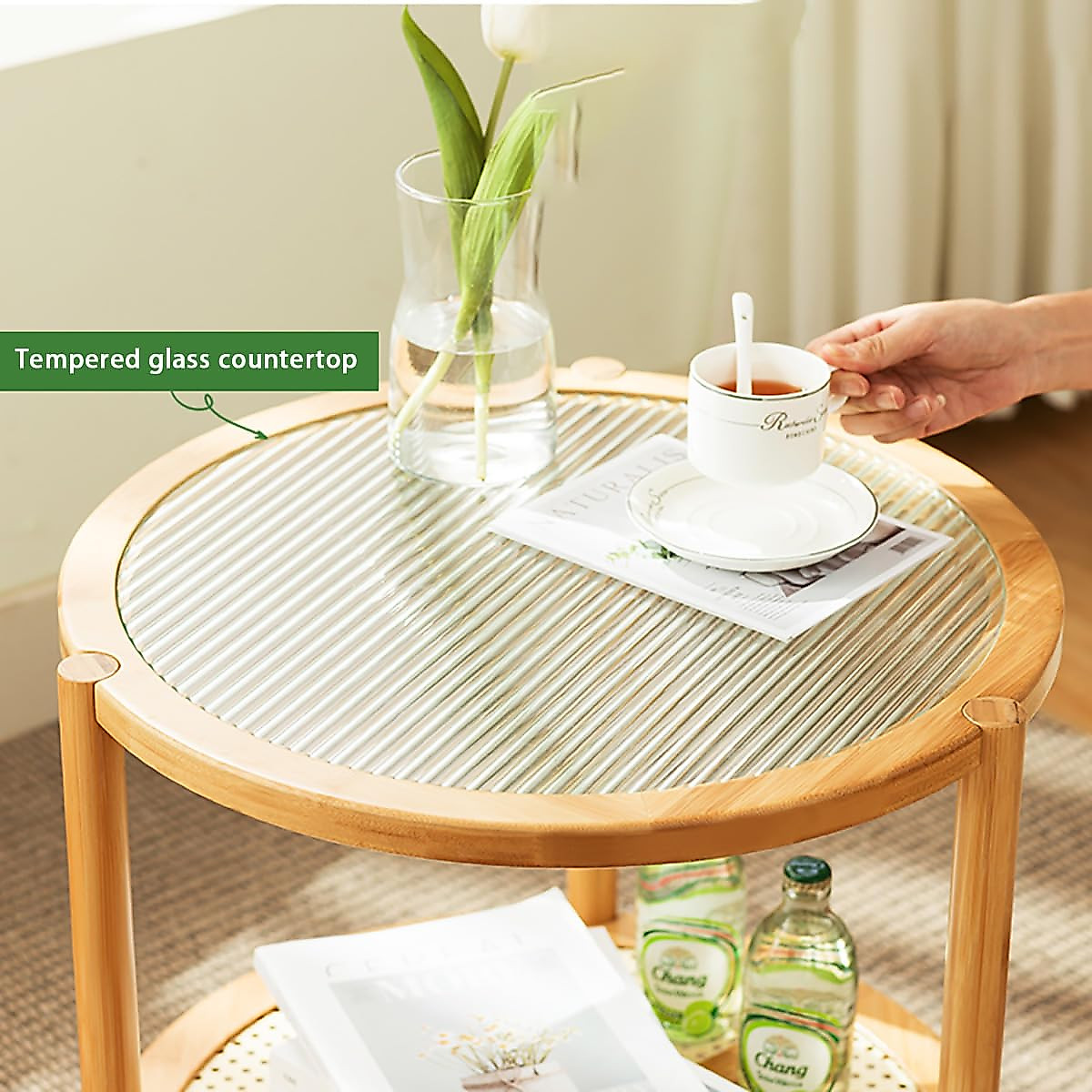CUPKEE Bamboo Round Side Table, Glass End Tables, Double Layer Large Capacity Coffee Table with Storage for Living Room, Balcony, Bedroom