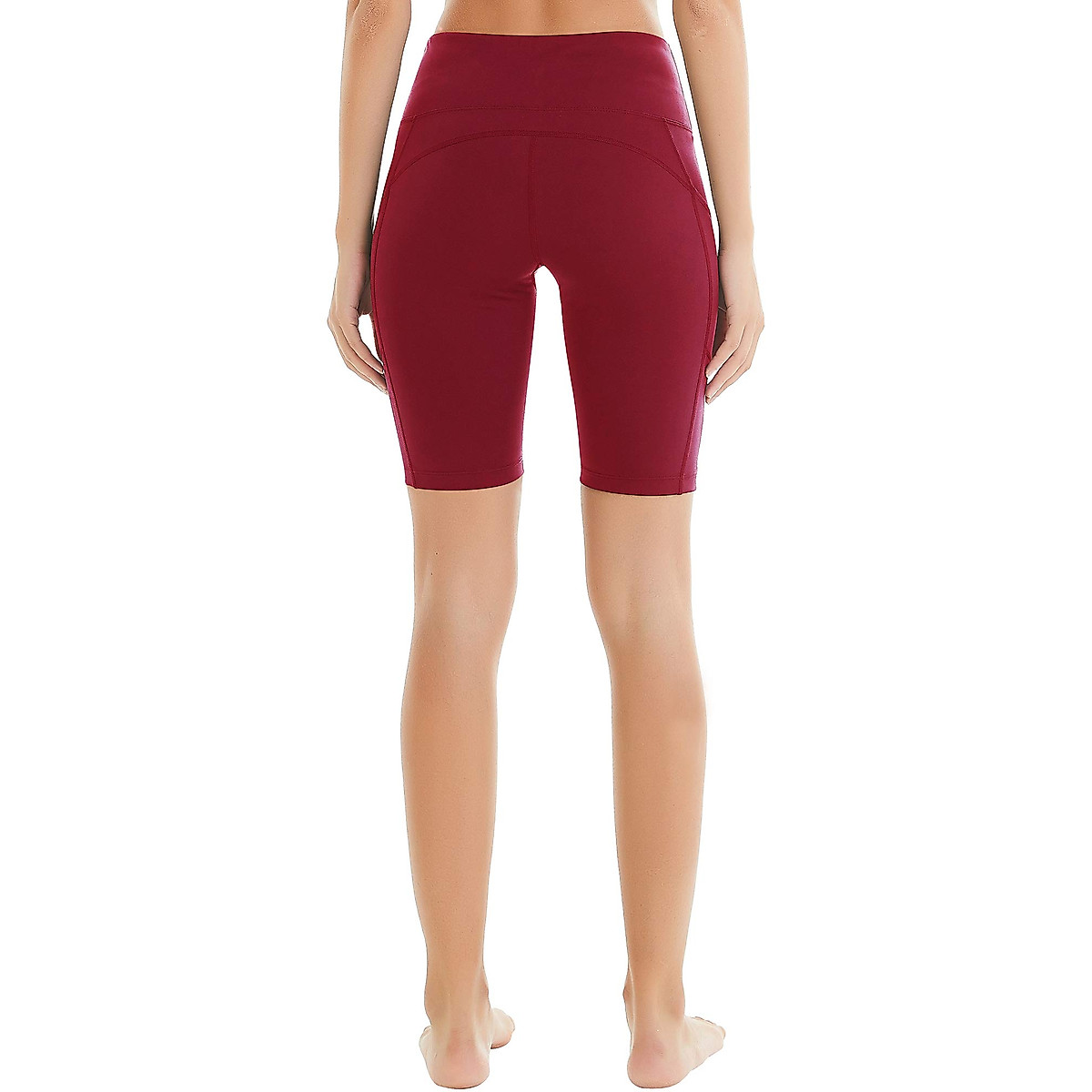 COOLOMG Women's Yoga Shorts Tummy Control Running Workout Bike Athletic Sport Shorts Non See-Through Side Pockets Burgundy Small