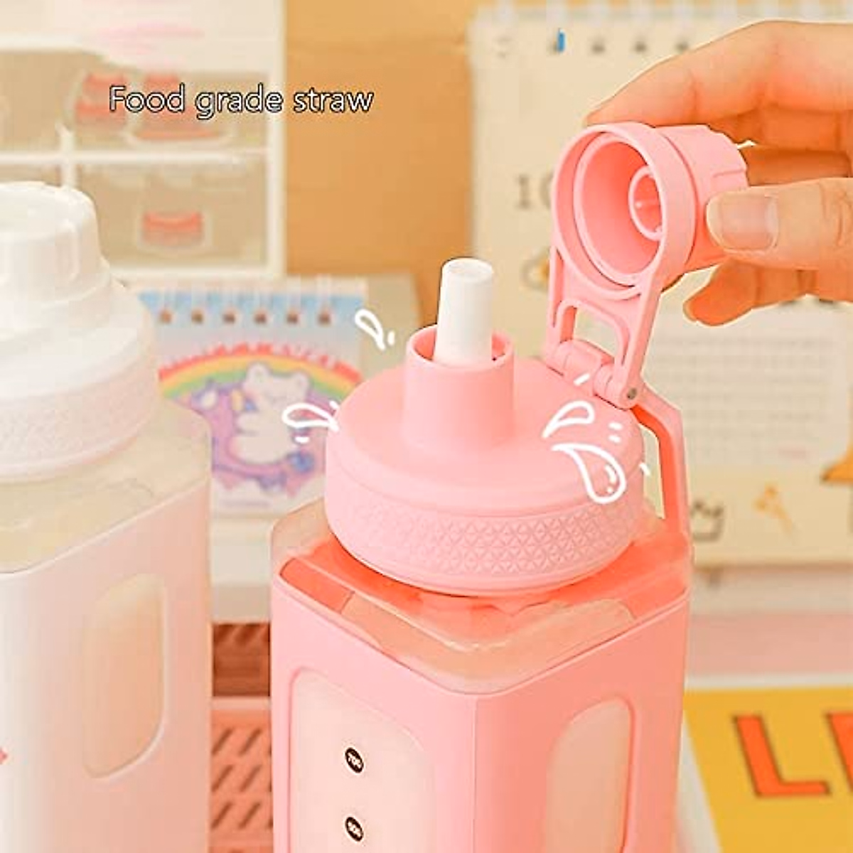 excvalues Kawaii Water Bottle with Straw Cute Large Water Bottles with Kawaii Stickers Aesthetic Leakproof Square Drinking Bottle (pink)