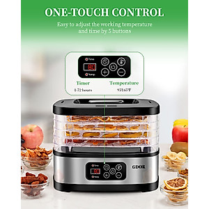 GDOR Food Dehydrator Machine with Adjustable Temperature & 72H Timer, 5-Tray Dehydrators for Food and Jerky, Fruit, Dog Treats, Herbs, Snacks, LED Display, 240W Electric Food Dryer with Recipe Book