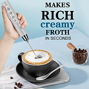 BSRGMS Milk Frother Handheld for Coffee, Electric Whisk 3 Speed Adjustable, Drink Mixer with Stainless 3 Whisks, Rechargeable Hand Frother Wand, Foam Maker for Latte Cappuccino Matcha Egg Silver