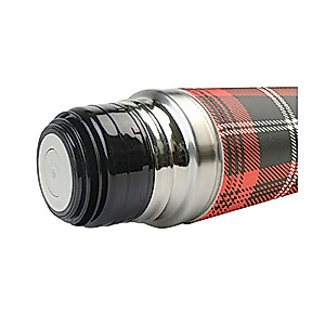 Red Black Plaid Vacuum Thermos Christmas Tartan Check Insulated Water Bottle Stainless Steel Double Wall Flask Bottles, Sports Coffee Travel Mug Cup Genuine Leather Cover BPA Free 17 Oz