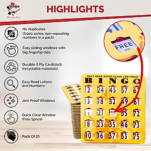 MR CHIPS Jam-Proof Easy-Read Quick-Clear Large Print Fingertip Slide Bingo Cards with Sliding Windows 25 Pack in Gold Rush Style