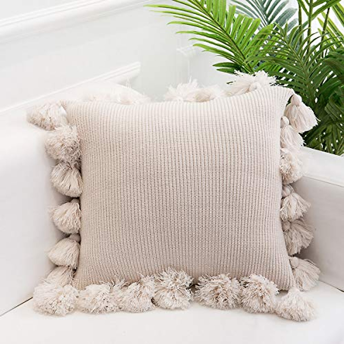 famibay Knitted Pillow Covers with Pompoms Tassel Boho Striped Cable Knit Throw Pillow Cases Decorative Pillow Cushion Cover Set for Home Sofa Couch Bed 18” x 18” Beige