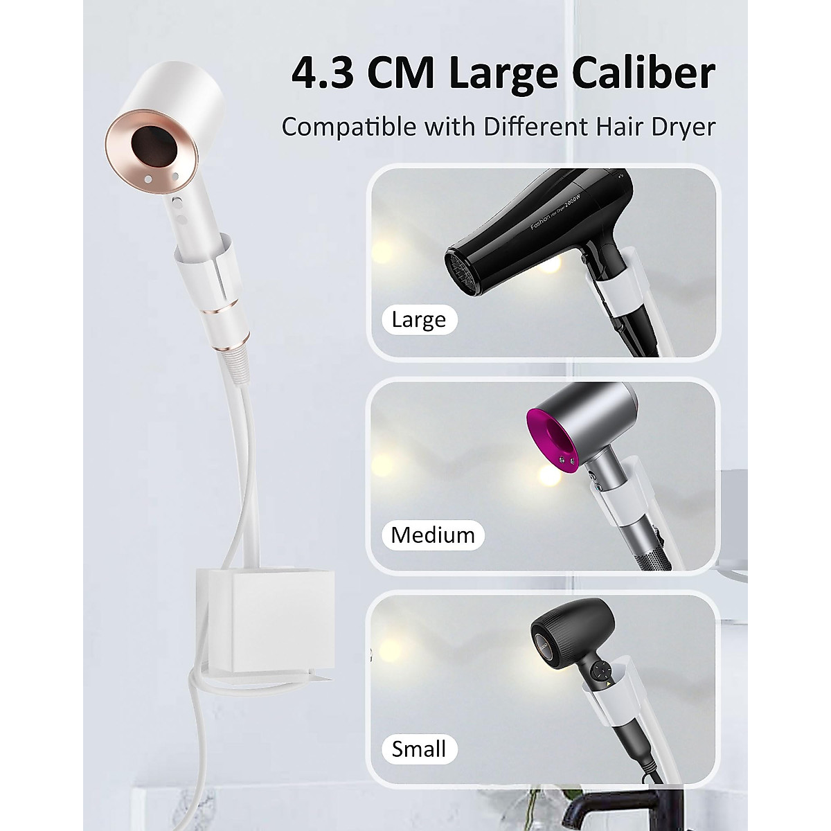 CozyOasis Hair Dryer Holder Wall Mounted Adhesive Blow Dryer Rack Storage Hanger Organizer for Bathroom Vanity Soporte para Secadora de Pelo (White)