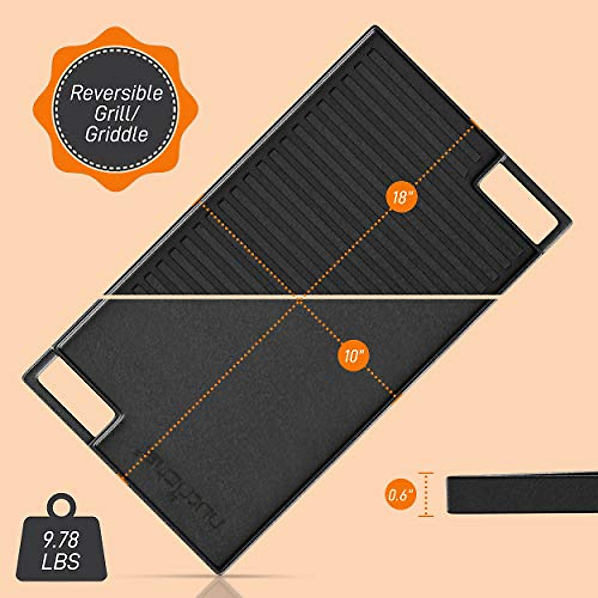 NutriChef Cast Iron Reversible Grill Plate - 18 Inch Flat Cast Iron Skillet Griddle Pan For Stove Top, Gas Range Grilling Pan w/ Silicone Oven Mitt For Electric Stovetop, Ceramic, Induction.