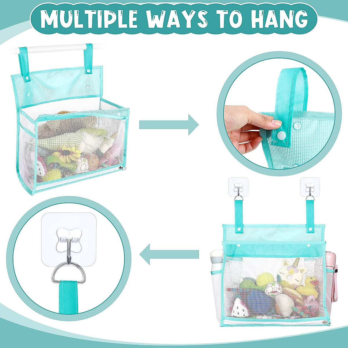 2 Pieces Baby Bathtub Toy Organizer Extra Large Opening Bath Toys Mesh Multiple Ways to Hang Bath Toy Holder Bottom Zipper Storage Bag with 4 Adhesive Hooks (Blue)