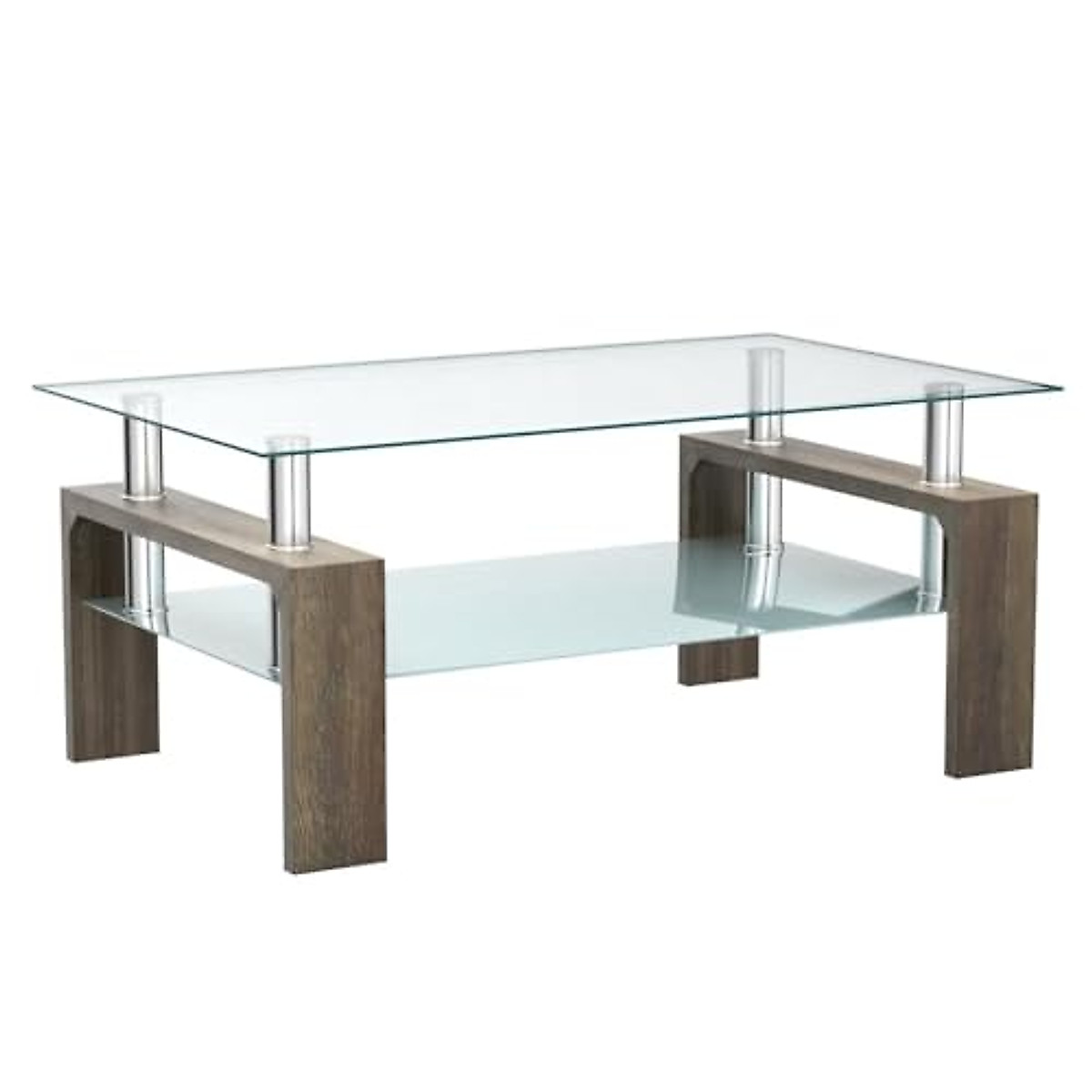 CLIPOP Rectangle Glass Coffee Table w/Tempered Glass Tabletop Stainless Steel Tube, 2-Tier Tea Table, Modern Center Side Table w/Lower Shelf & Wooden Legs for Living Room Guest Reception Room, Oak