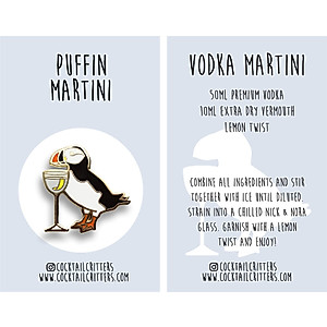 Cocktail Critters Enamel Pins for Bartender Aprons, Jackets, Backpacks and Purses, Shirt and Suit Lapels, Cute Button Badges Brooch Fashion Jewelry (Puffin x Vodka Martini)