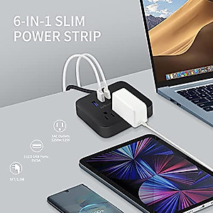 Power Strip with USB Ports, JcBlaon Outlet Extender with 3 USB and 3 Outlets, 5ft Flat Plug Extension Cord Desktop Charging Station, for Nightstand, Office Cruise Ship, Travel, Dorm Room, Black