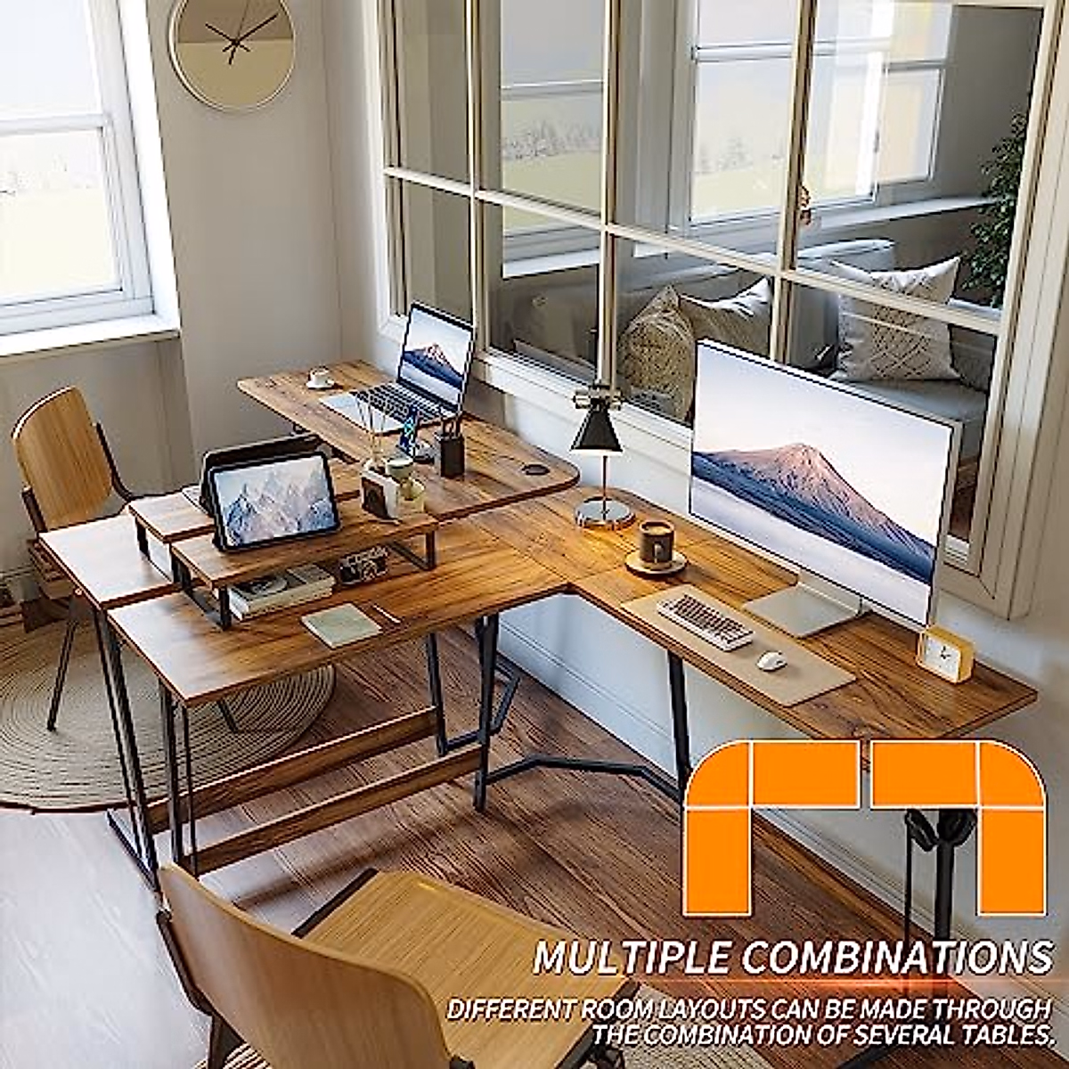 BANTI L Shaped Desk, Computer Gaming Desk, Home Corner Desk, Office Writing Workstation with Large Monitor Stand, Space-Saving, Easy to Assemble, Brown