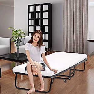 Folding Bed Frame with Wheel, Rollaway Bed with Mattress for Adults, Foldable Twin Bed with Thick Memory Foam Mattress for Spare Bedroom&Office, Camping Cot Portable Folding Bed for Adults&Kids 350LBS