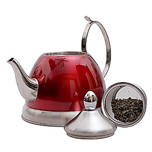 Creative Home Nobili-Tea 1.0 Quart Stainless Steel Tea Kettle with Removable Infuser Basket and Aluminum Capsulated Bottom for Even Heat Distribution, Metallic Cranberry
