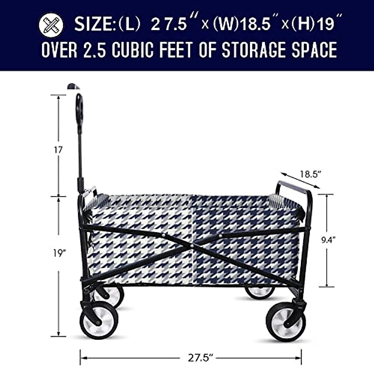 Collapsible Wagon Cart Houndstooth Fashion Autumn in Navy Blue Grey White Seamless Geometric Foldable Utility Wagon Large Capacity Garden Cart with Push Bar for Beach Camp Outdoor Shopping