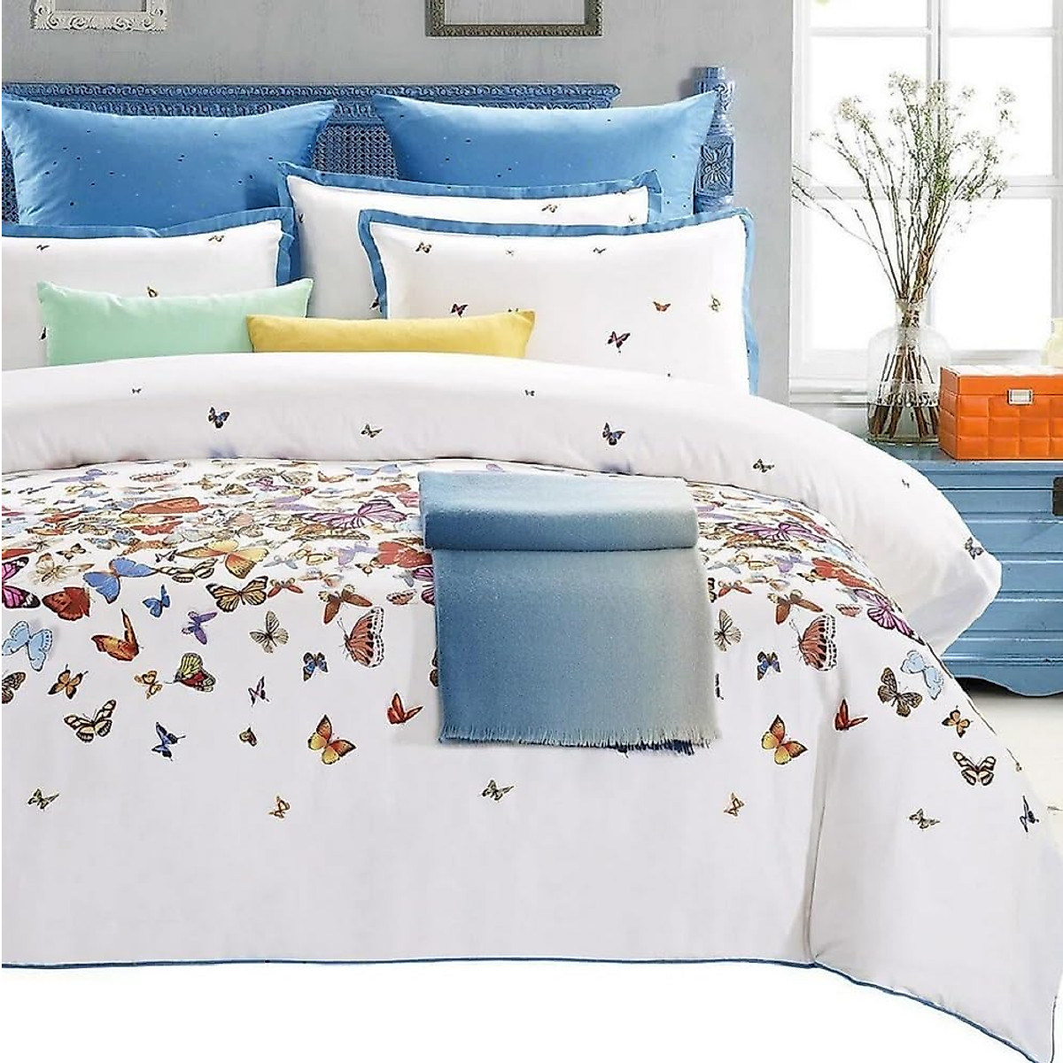 Royal Tradition 100% Cotton Duvet Cover Set (King Size) Butterfly Print 7pc Soft Bedding Set