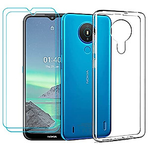 Ytaland for Nokia 1.4 Case, with 2 x Tempered Glass Screen Protector. Crystal Clear Silicone Shockproof TPU Bumper Protective Phone Case Cover