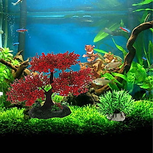 alfyng Aquarium Artificial Plastic Large Plants Decorations, 5pcs Cherry Blossom Tree & Grass Aquarium Decor, Goldfish Tank Decorations Set, Fish Tank Hides Simulation Tree Decoration Kit (Red)