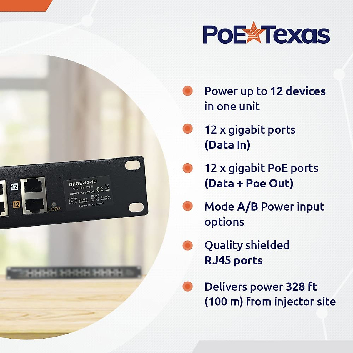 PoE Texas - PoE Injector - 12 Port Gigabit Passive Midspan Injector with 48V 120 Watt UL Power Supply - Power Over Ethernet for 802.3af or at (PoE+) Devices VoIP Phone, WiFi Access Point, IP Camera
