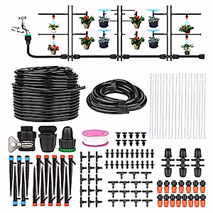 Garden Irrigation System - Drip Irrigation Kit - 42m/138ft Sprinkler System Kit Greenhouse Watering System with Adjustable Nozzle Sprinkler Sprayer & Dripper