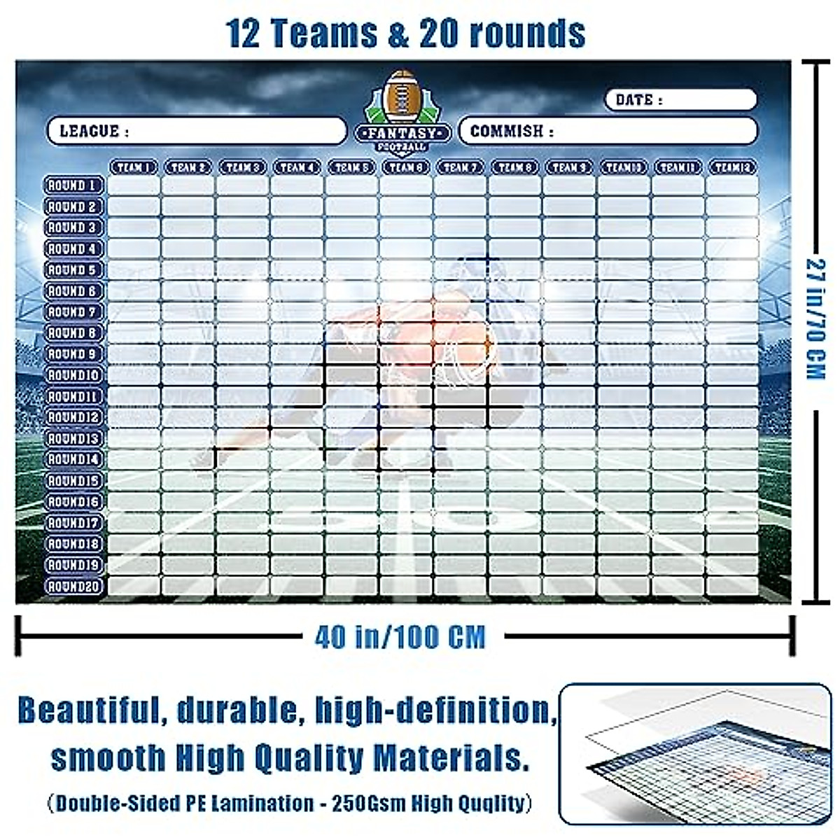 Catzvpu 2023 Fantasy Football Draft Board - Fantasy Football Draft Board for The 2023-2024 Season Kit,12 Teams 20 Rounds & 450 Label Stickers