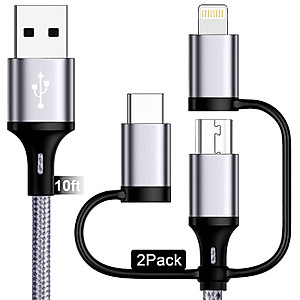 Multi Charging Cable [10ft 2Pack] 3 in 1 USB Charger Cable Nylon Braided Fast Charging Cords Chargers for Multiple Devices with Lightning/Type C/Micro USB/iPhone/iPads/Samsung Galaxy/Ps/Tablets &More