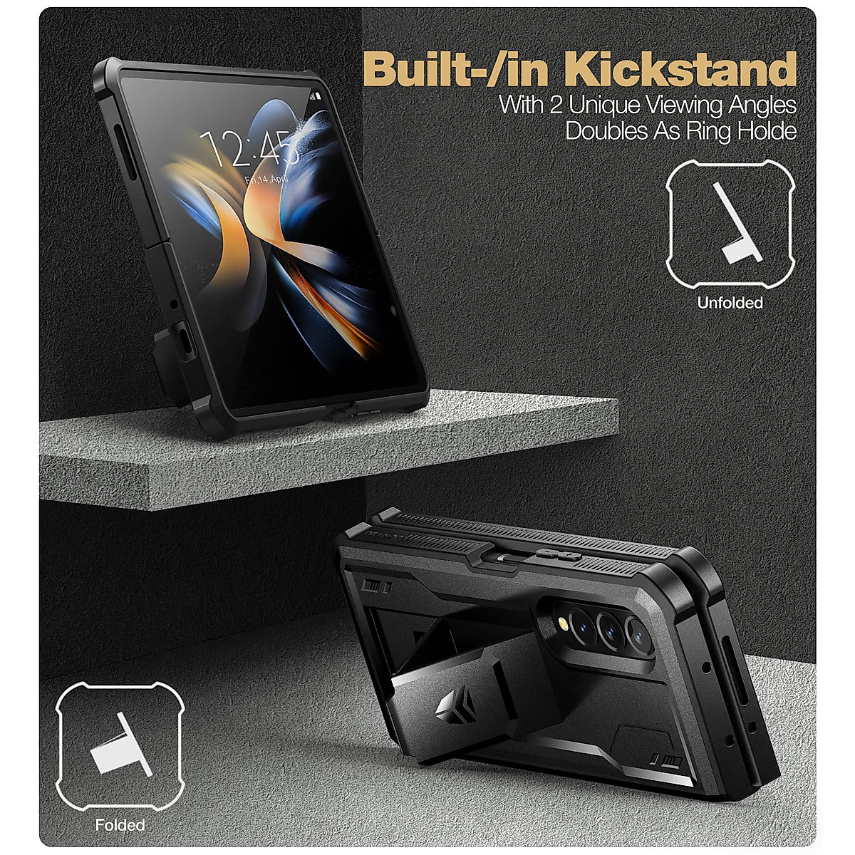 Dexnor Shielder Series Case for Samsung Galaxy Z Fold 4(2022), Military-Grade Shockproof Rugged Bumper Case Cover with Built-in Screen Protector & Kickstand,Black