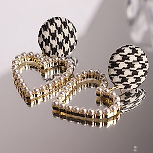 Sonateomber Black White Antique Pearl Heart Hoop Drop Dangle Earrings for Women, Vintage Cute Retro Round Houndstooth Checkered Valentine Love Jewelry Prom Gift
