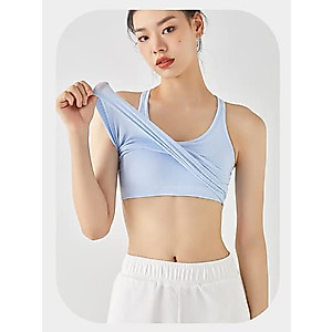 Women's Crop Yoga Racerback Tank Tops Built in Sports Bra Exercise Tops Workout Shirts Blue S