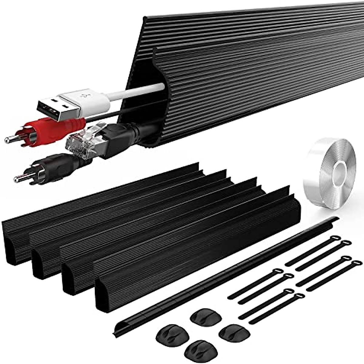 Cable Management Under Desk 63.2'' J Channel Cable Raceway, No Drill Cord Hider for Desk, Wire Management Under Desk Easy to Tape Install, 4X L15.8W1.1H2.24in Cable Management Tray, Black