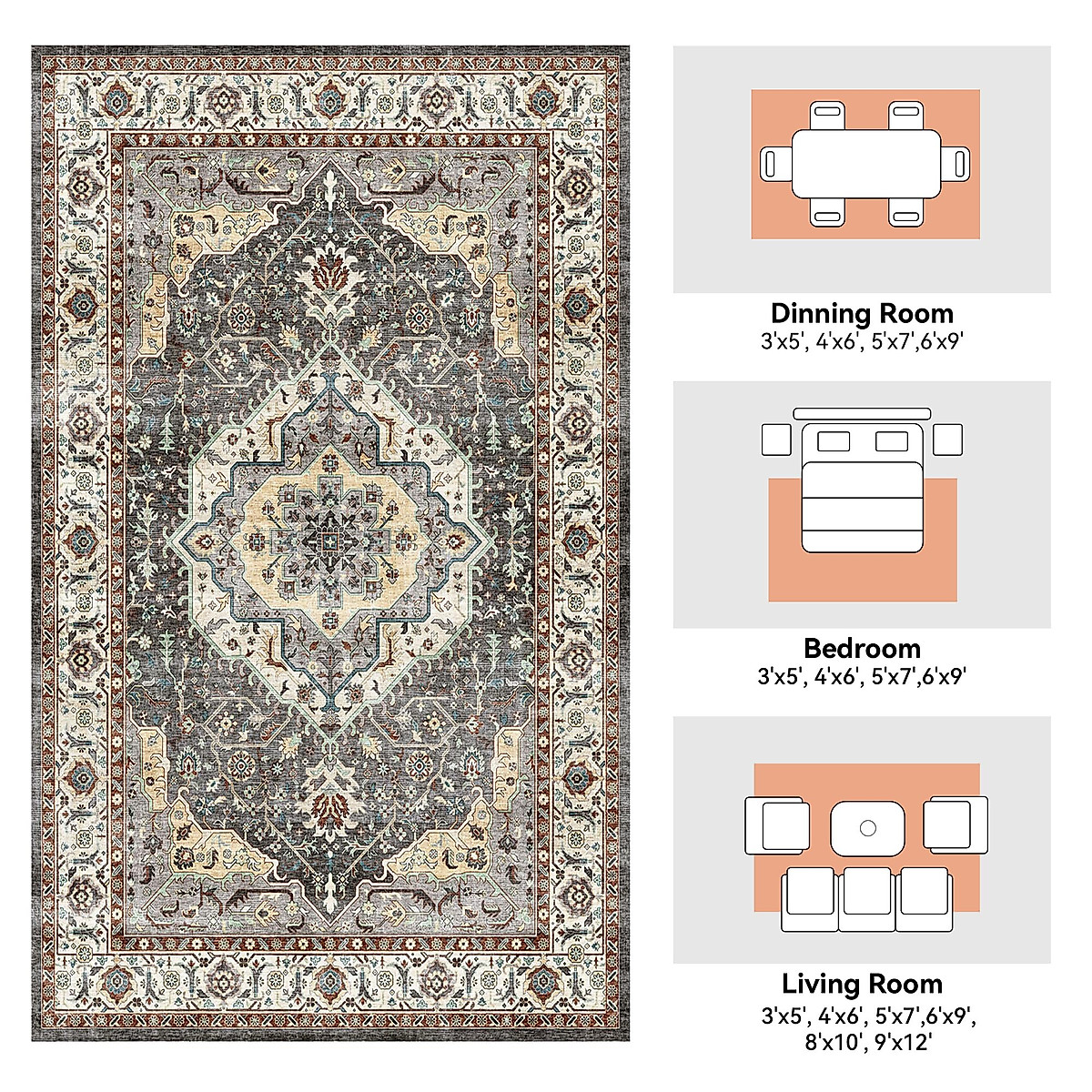 8x10 Washable Area Rugs, Boho Rug with Non-Slip Backing Non Shedding Rugs for Living Room Bedroom Kitchen Entryway Distressed Vintage Low Pile Rug (8 x 10 Brown Multi)