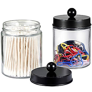 4 Pack Apothecary Jars Bathroom Vanity Storage Organizer Set -Countertop Canister with Stainless Steel Lids &Cute Stickers - Qtip Dispenser Holder for Qtips,Cotton Swabs,Makeup Sponges(Black)