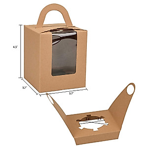 Jucoan 100 Pack Cupcake Box, Brown Kraft Paper Individual Cupcake Box Holder Container with Window and Handles, Bulk Bakery Pastry Wrapping Box for Muffin, Cupcake, Wedding Party, Baby Shower