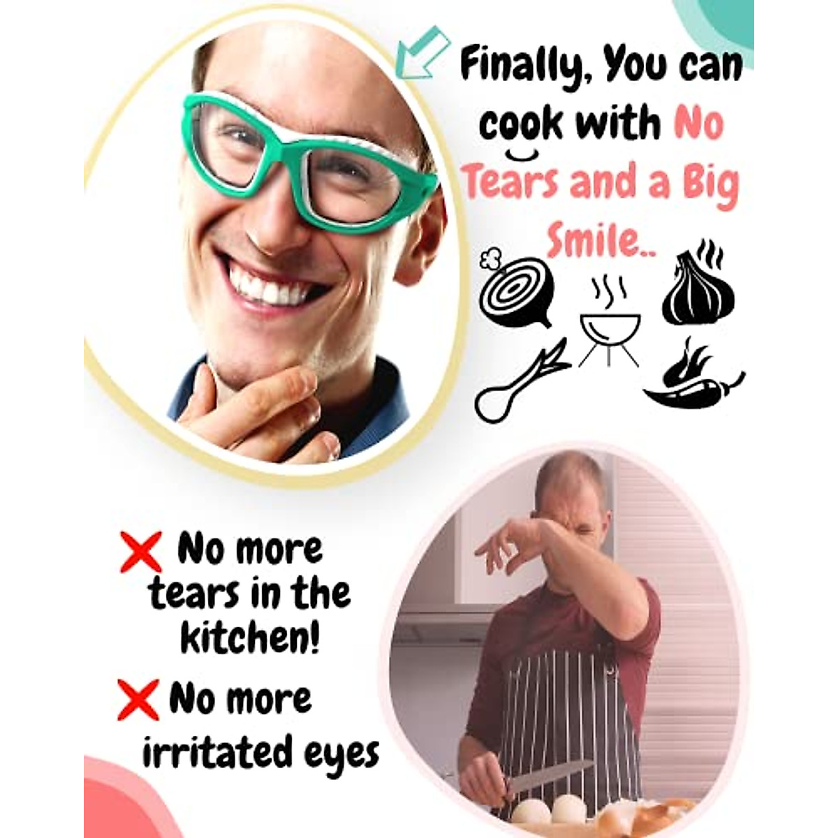 Onion Goggles Tear Free - Kitchen Grilling Glasses, Anti Fog, Anti Scratch, One Size Fit All Men & Women Eyes, Clear Chopping Goggles With Straps For Cooking, BBQ, Smoke, Onion Cutting Goggles (Green)