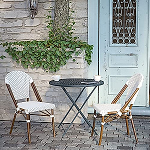 Flash Furniture Lourdes Set of 2 Indoor/Outdoor Commercial Bistro Stack Chairs - White/Gray PE Rattan Back and Seat - Natural Bamboo Print Aluminum Frame