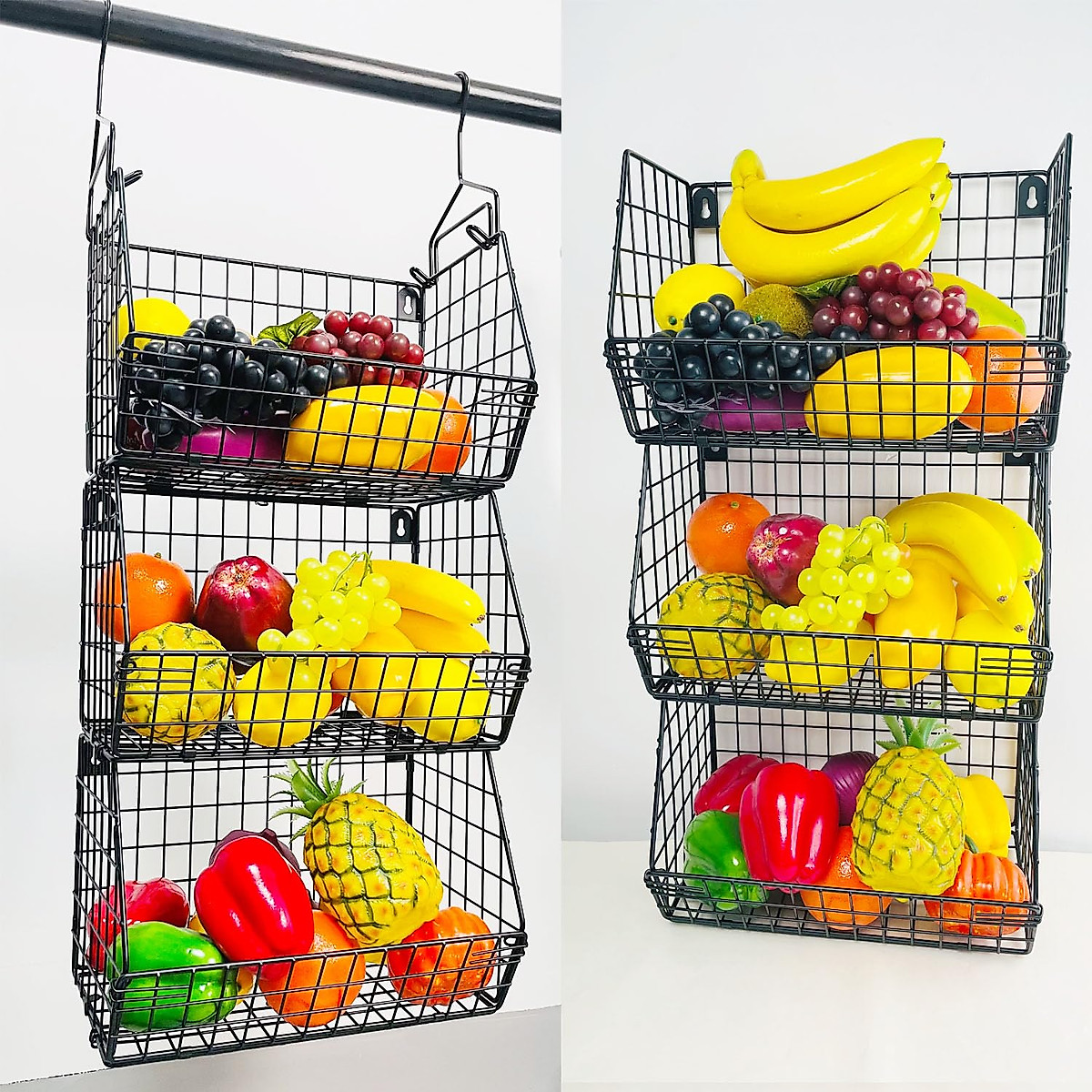 QNLALZM 3 Tier Hanging Foldable Wire Baskets Closet Organizer Clothes Shelves Countertop Caddy Bin Wall Mount Shelf Wire Storage Basket Bins for Clothing Handbags Snacks Drinks Fruits
