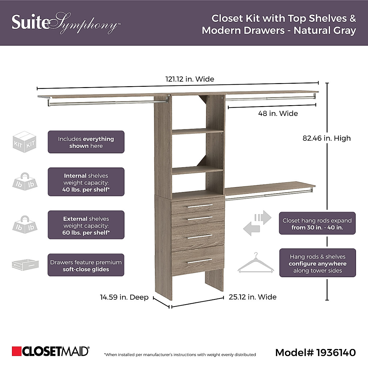 ClosetMaid 1936140 SuiteSymphony Modern 25-Inch Closet Organizer with Shelves and 4-Drawers, Natural Gray